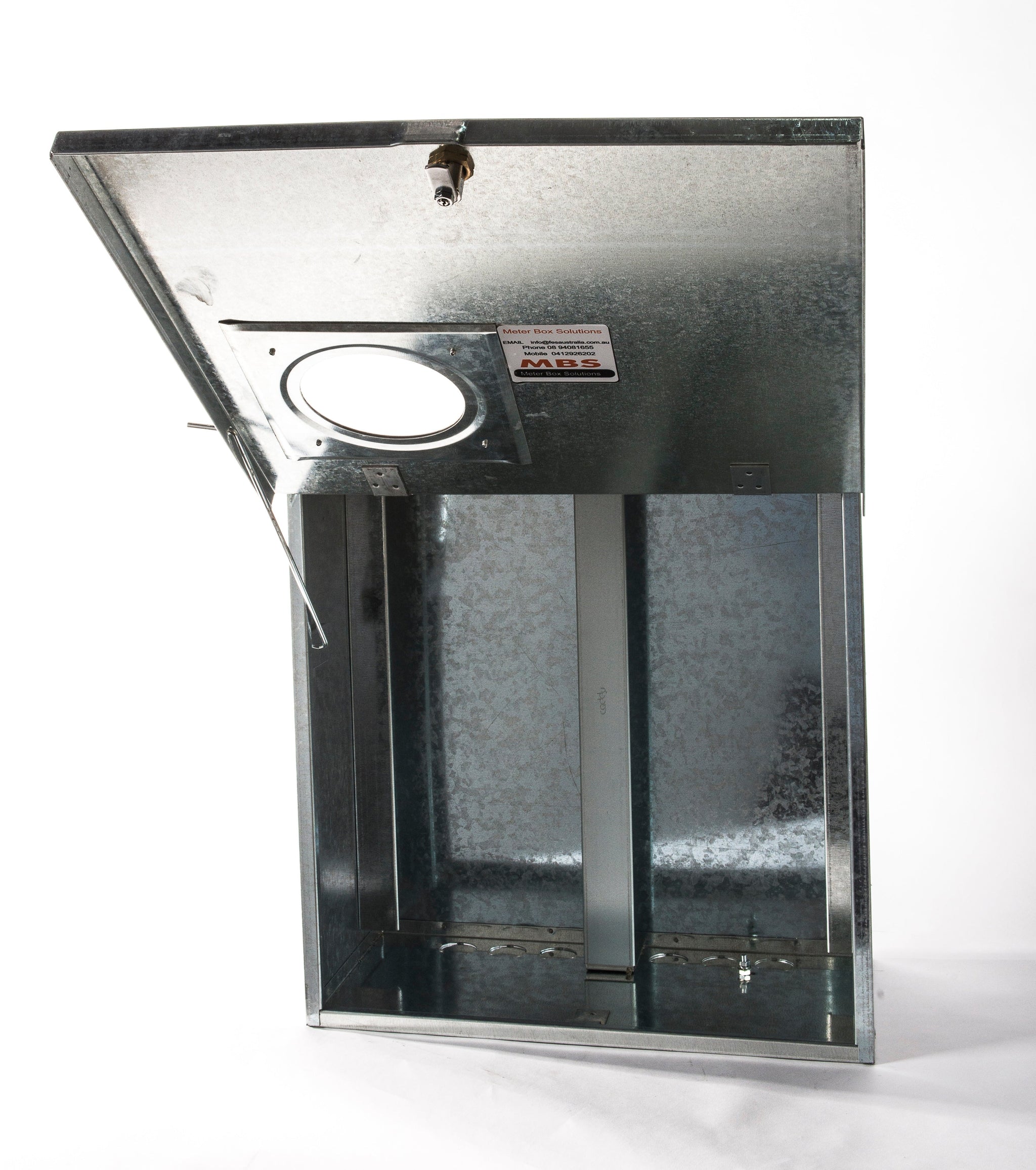 WA Meter Box 4 Galvanised with Window & Lock 450x450 – fes-australia